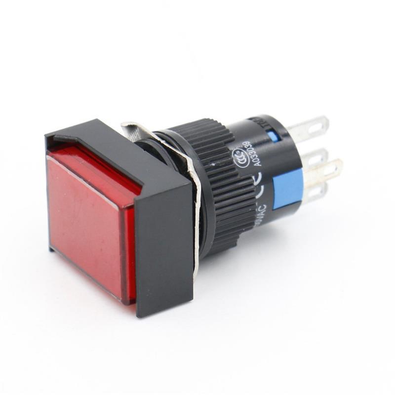 Push Button Switch 16mm Self-locking Latching 12V Red Light Rectangle ...